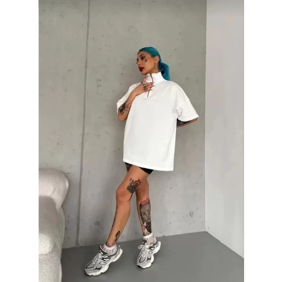Guzzy Yarım Fermuarlı Düz Oversize T-Shirt - Beyaz Fiyatı