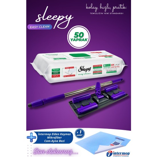 Sleepy Easy Clean Beyaz Sabun Katkılı Mopa Uyumlu Yer Temizlik Havlusu 50 Yaprak + Mop Aparatı