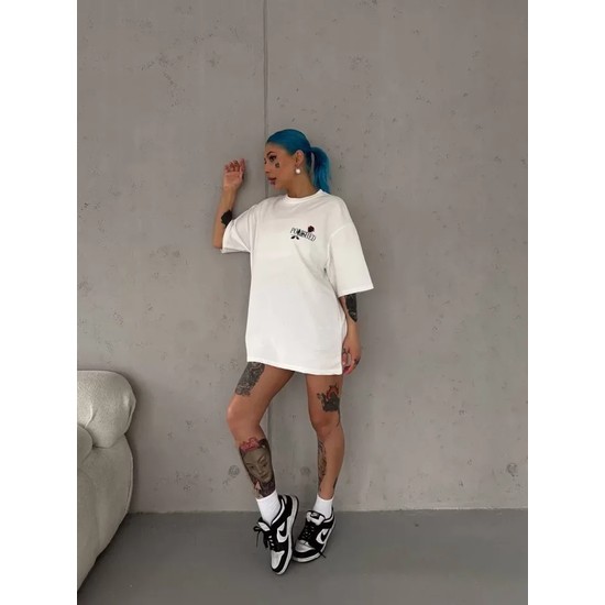 Guzzy Bisiklet Yaka Baskılı Oversize T-Shirt - Beyaz Fiyatı