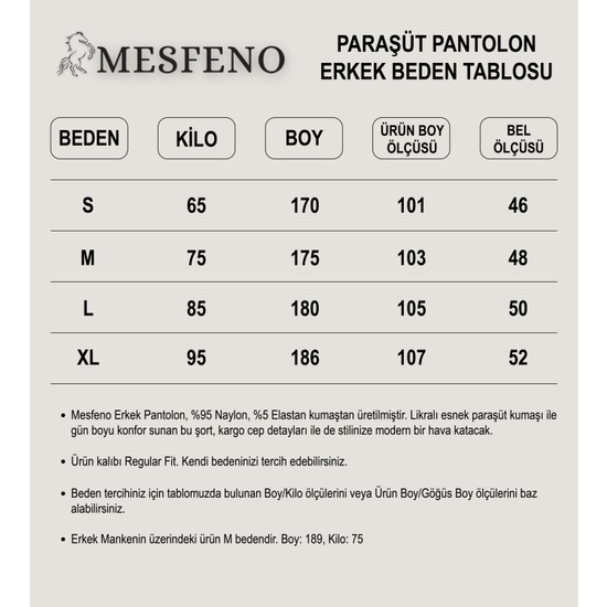 Mesfeno Clothing Mesfeno Erkek Pantalon, Likralı Esnek Paraşüt Kumaş, Kargo Cep Detaylı, Regular