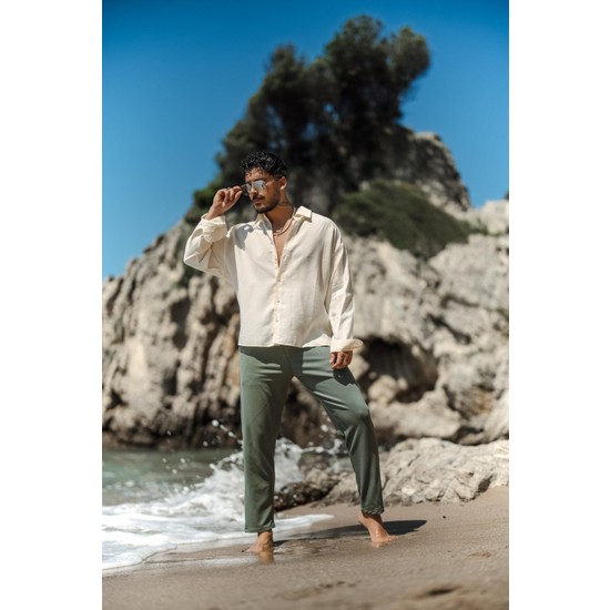 Outfit-Man Erkek Tensel Kumaş Basic Oversize Gömlek Krem Fiyatı