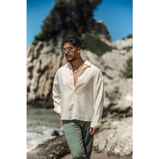 Outfit-Man Erkek Tensel Kumaş Basic Oversize Gömlek Krem Fiyatı
