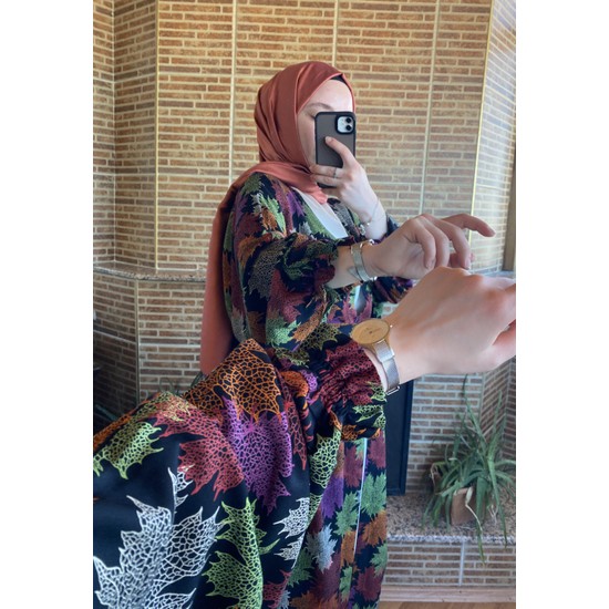 Balamony Siyah Yaprak Desenli Viskon Seyyar Kemerli Kimono Fiyatı