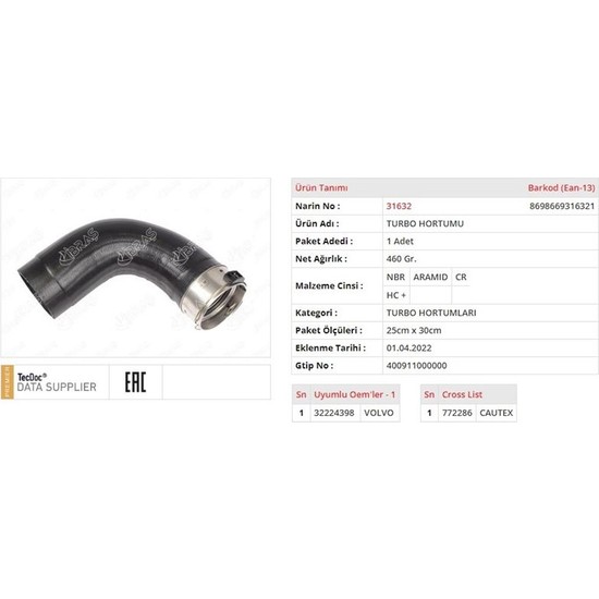 IBRAS Turbo Hortumu Volvo XC40 (536) 32224398 Gold Fiyatı