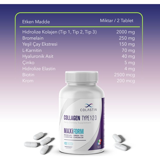 Colastin Kolajen Maxiform 1-2-3 Kolajen, 180 Tablet, Cilt, Fiyatı