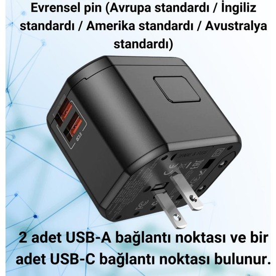 Coofbe Şarj Akım Korumalı 10A/250V Amerikan ve Avrupa Priz Dönüştürücü ve 2xusb Pd Şarj Başlığı