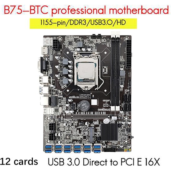 Guitar B75 12 Gpu Madencilik Anakart + Cpu + Fan + Termal Gres + Anahtar Kablosu + 2x Sata Kablosu