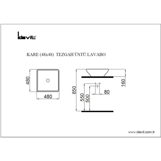 İdevit Kare Tezgah Üstü Lavabo 48 cm Fiyatı - Taksit Seçenekleri