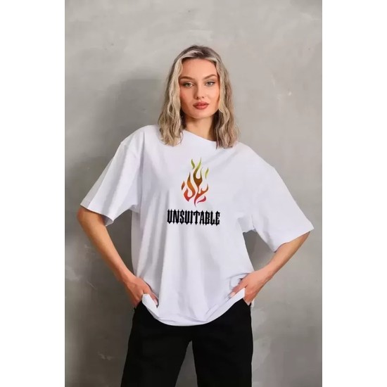 Guzzy Bisiklet Yaka Baskılı Oversize T-Shirt - Beyaz Fiyatı