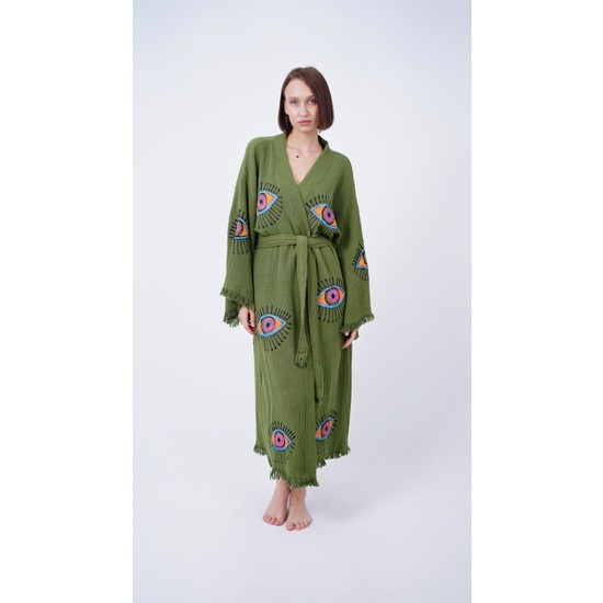 Bodho El Yapımı Haki Göz Baskılı Nazar Kaftan Kimono Fiyatı