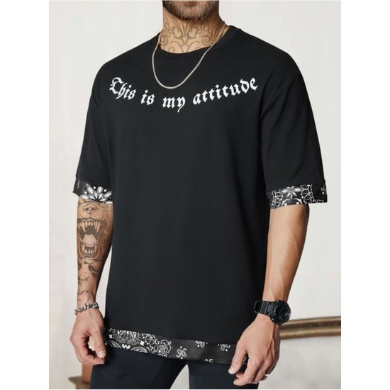 Erkek Siyah Attitude Baskılı Desenli Oversize T-Shirt Fiyatı
