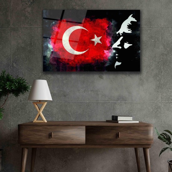Exela Home Atatürk Bayrak Atatürk Silüetli Gölgeli Siyah Fonlu Cam ...