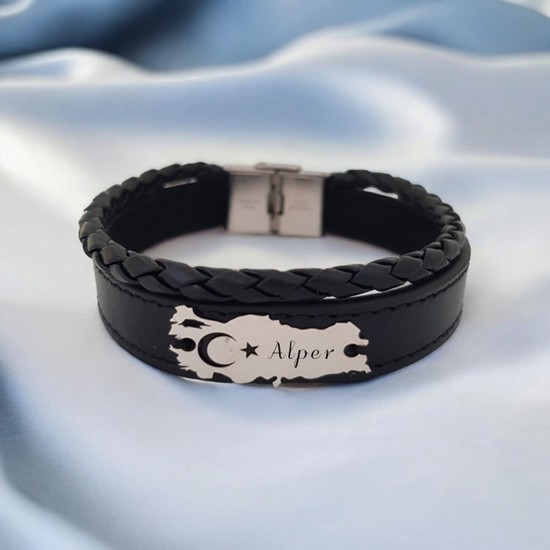 Archin Alper Ismi Vatan Haritası 925 Ayar Gümüş Plaka Deri