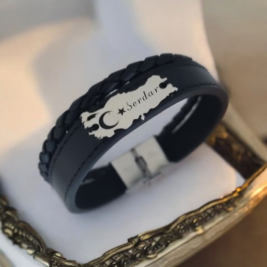 Archin Serdar Ismi Vatan Haritası 925 Ayar Gümüş Plaka Deri