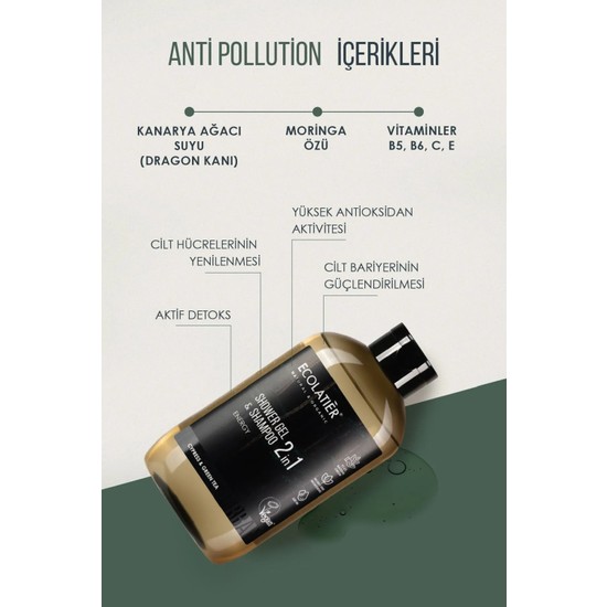 ECOLATIER 2'si 1 Arada Erkek Duş Jeli ve Şampuan Enerji Organik Antiseptik Antistres 600 ml / For