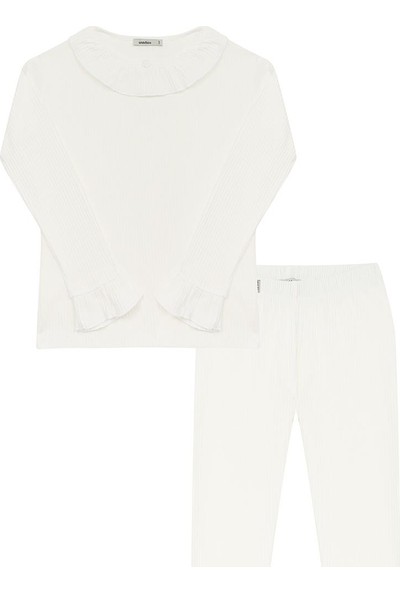 Antebies Beyaz Jakarlı Ribana Uzun Kollu Pijama Takımı