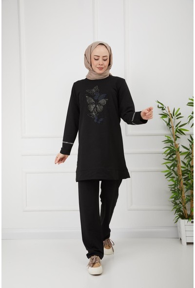 Cng Moda Siyah Kelebek Taşlı Ikili Takım