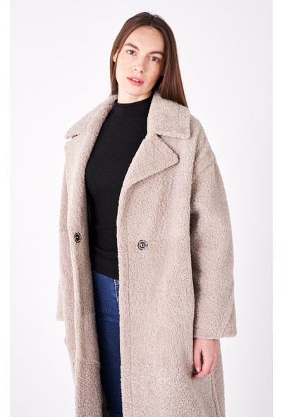 Bej Fine Factory Oversıze Kruvaze Düğmeli Shearling Kaban