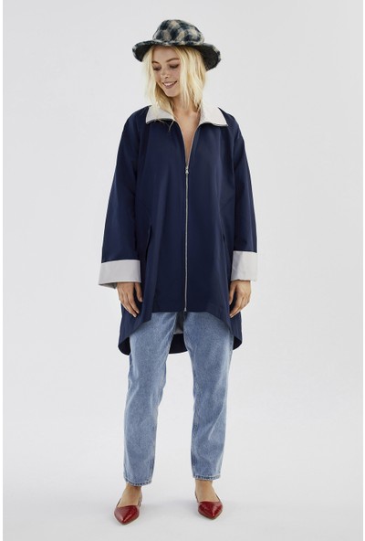 Bej Fine Factory Dik Yaka Önü Fermuarlı Yağmurluk
