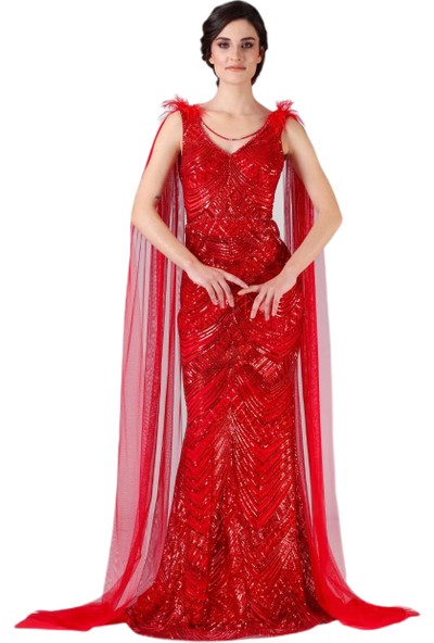 Nıobe Kırmızı Kayık Yaka Askılı Taşlı Kolları Tül Detaylı Abiye Elbise Nıobe Kırmızı Kayık Yaka Askılı Taşlı Kolları Tül Detaylı Abiye Elbise