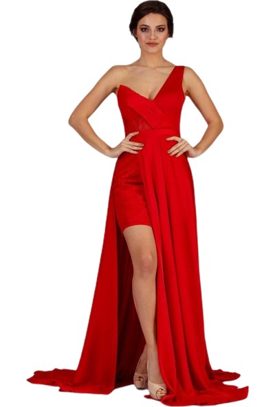 Noıbe Kırmızı Tek Kol Yırtmaçlı Mini Etekli Abiye Elbisesi Noıbe Kırmızı Tek Kol Yırtmaçlı Mini Etekli Abiye Elbisesi