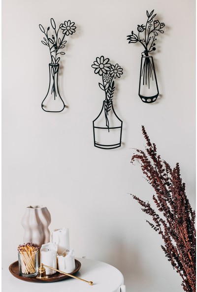 Thorqtech Bahar Çiçekleri Vazo Dekoratif Metal Duvar Tablosu B-T188 Siyah