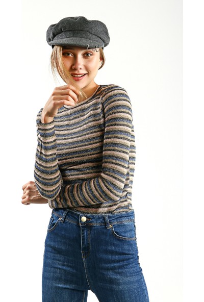 Collezione Mavi Bisiklet Yaka Çizgili Uzun Kollu Kadın T-Shirt