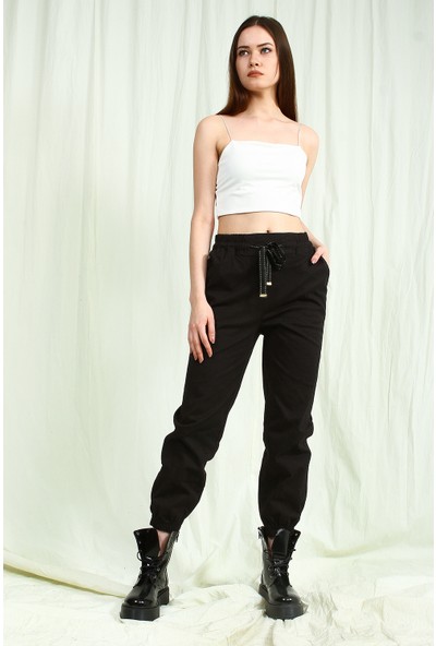 Collezione Siyah Beli Bağlamalı Paçası Lastikli Kadın Pantolon