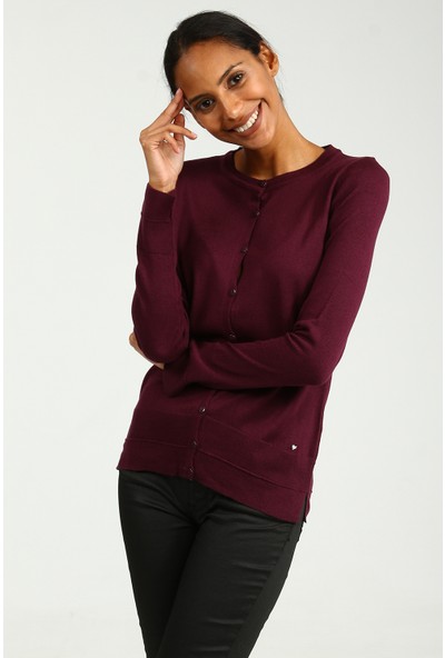 Collezione Mor Önü Düğmeli Bisiklet Yaka Uzun Kollu Kadın Basic Hırka