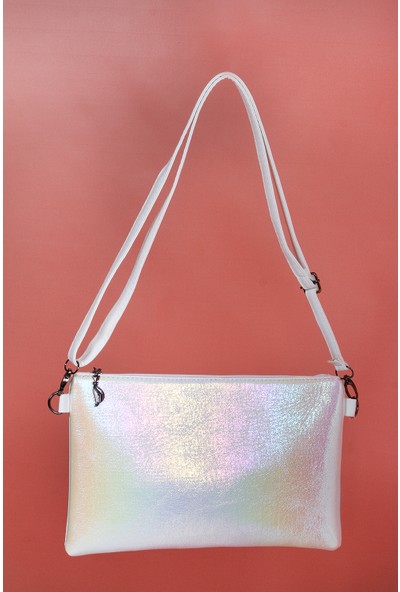 Collezione Beyaz Parlak Fermuarlı Uzun Saplı Kadın Çanta