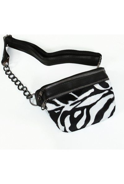Collezione Siyah Iki Gözlü Fermuarlı Sapı Zincirli Kadın Bel Çantası