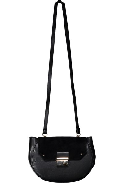 Collezione Siyah Klips Kapamalı Ön Kadife Detaylı Uzun Saplı Kadın Çanta