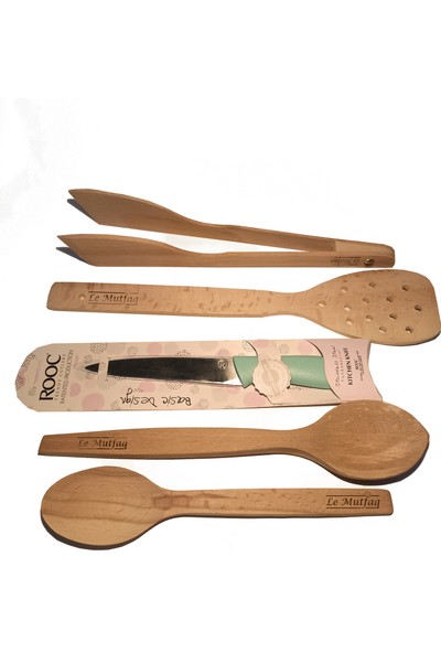 Le Mutfaq Ahşap Tahta Dik Maşa + Kevgir Spatula + 2 Tahta Kaşık + Rooc Mutfak Bıçağı Le Mutfaq Ahşap Tahta Dik Maşa + Kevgir Spatula + 2 Tahta Kaşık + Rooc Mutfak Bıçağı
