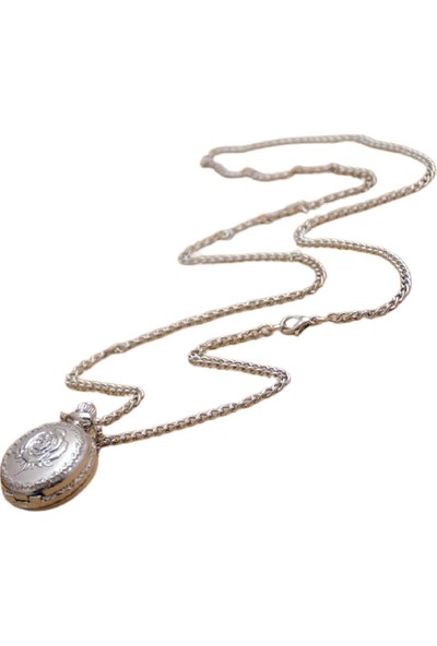 Profisher Kuvars Köstekli Mini Cep Saati Kolye Silver Gonca Gül Desen Profisher Kuvars Köstekli Mini Cep Saati Kolye Silver Gonca Gül Desen