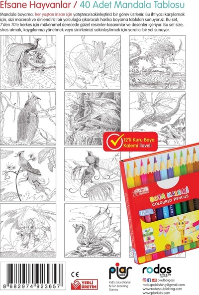 Piar Kids Mandala Efsane Hayvanlar 7'den 70'e Herkes Için 12'li Kuru Boyama Kalemi Ilaveli Piar Kids Mandala Efsane Hayvanlar 7'den 70'e Herkes Için 12'li Kuru Boyama Kalemi Ilaveli