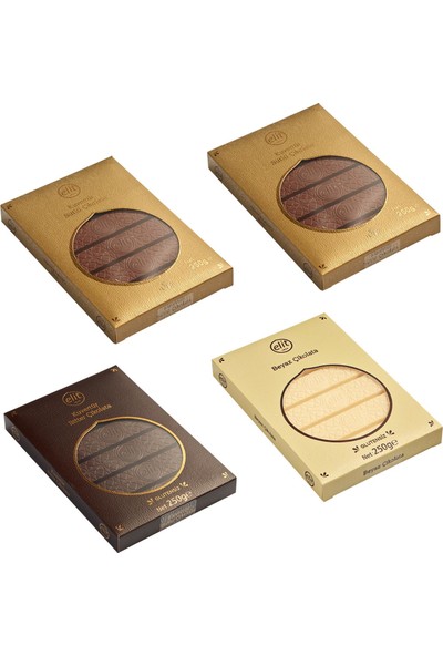 Kuvertür Sütlü Çikolata (2), Bitter Çikolata (1) ve Beyaz Çikolata(1) 250g 4'lü Set (4x250g) Glutensiz Kuvertür Sütlü Çikolata (2), Bitter Çikolata (1) ve Beyaz Çikolata(1) 250g 4'lü Set (4x250g) Glutensiz