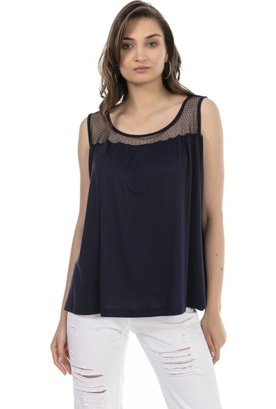 Disentis Modest Yakası Dantelli Kalın Askılı Bol Kesim Lacivert Body Disentis Modest Yakası Dantelli Kalın Askılı Bol Kesim Lacivert Body