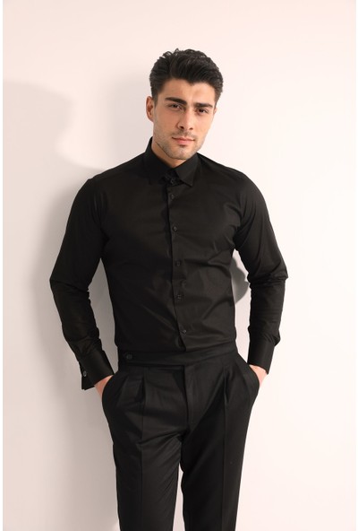 Fc Plus Siyah Birit Yaka Duble Menşet Erkek Gömlek - Slım Fıt