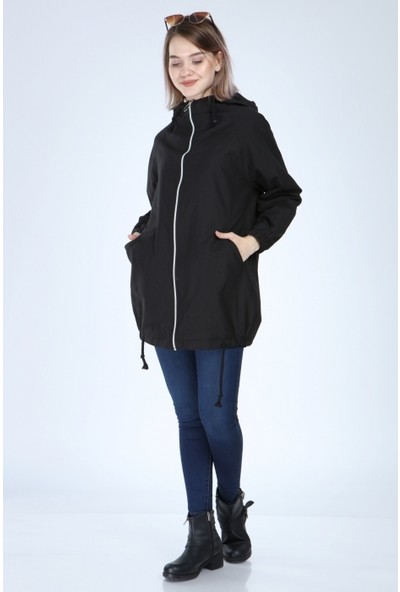 Poriento Kadın Kapüşonlu Sırtı Fermuarlı Trençkot