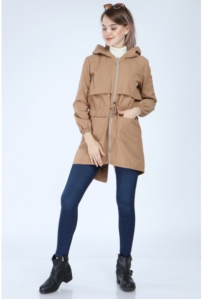 Poriento Kadın Kapüşonlu Beli Büzgülü Salaş Trençkot
