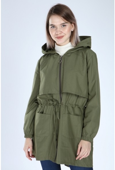 Poriento Kadın Kapüşonlu Beli Büzgülü Salaş Trençkot