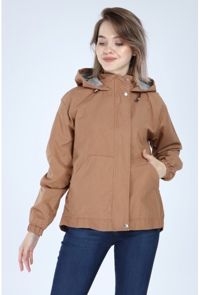 Poriento Kadın Kapüşonlu Çizgili Astarlı Trençkot