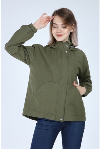 Poriento Kadın Kapüşonlu Çizgili Astarlı Trençkot