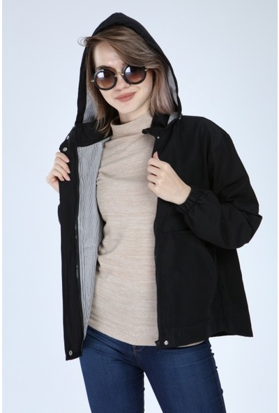 Kadın Kapüşonlu Çizgili Astarlı Trençkot