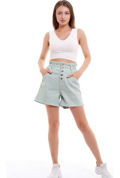 Efstyle Mint Rengi Beli Lastikli Kot Şort Efstyle Mint Rengi Beli Lastikli Kot Şort