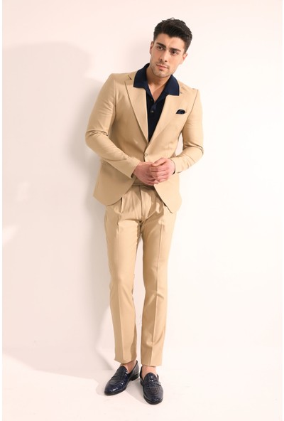 Fc Plus Bej Tek Pile Pantolonlu Erkek Takım Elbise - Slım Fıt