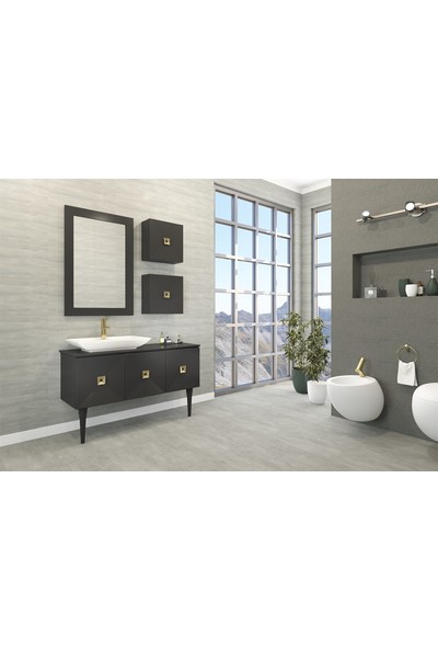 Mostar 120CM Beyaz Lavabolu Banyo Dolabı-Siyah Mostar 120CM Beyaz Lavabolu Banyo Dolabı-Siyah