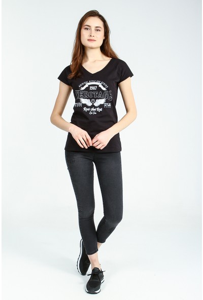 Collezione Siyah Önü Baskılı V Yakalı Kadın Tshirt