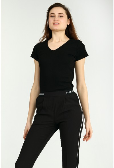 Collezione Siyah V Yakalı Kısa Kollu Basic Kadın Tshirt
