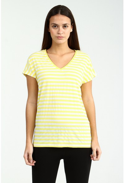 Collezione Sarı V Yakalı Çizgili Kısa Kollu Kadın Tshirt Collezione Sarı V Yakalı Çizgili Kısa Kollu Kadın Tshirt